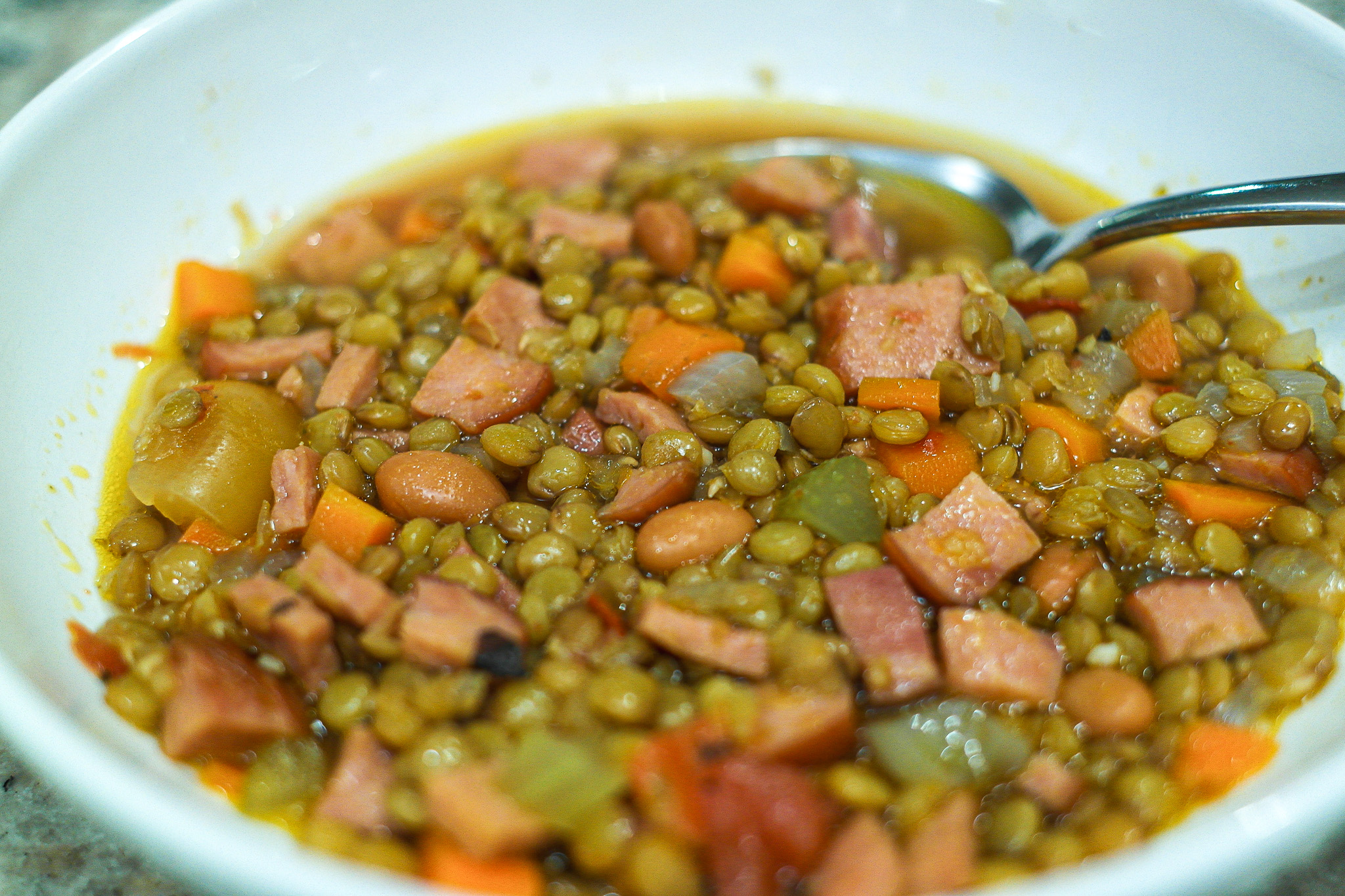 Easy Fire-Roasted Lentil Ham Soup - The Basil Spoon